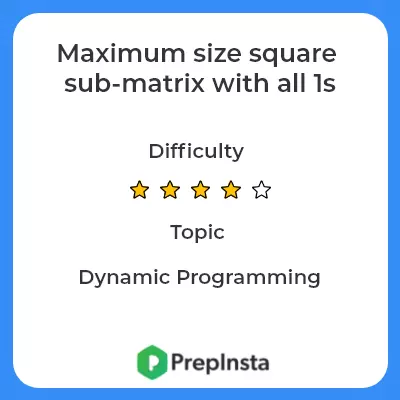 Maximum size square sub-matrix with all 1s | C++| PrepInsta